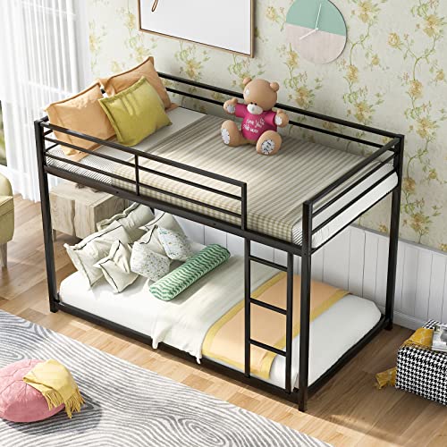 Twin Over Twin Metal Bunk Bed Frame with Safety Guard Rail and Ladder, Space-Saving, No Box Spring Needed, Noise Free (Black)
