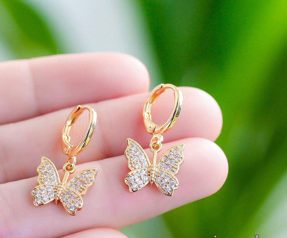 INENIMARTJ Butterfly Earrings Butterfly Dangle Earrings 14K Gold Small Crystal Butterfly Hoop Earrings for Women