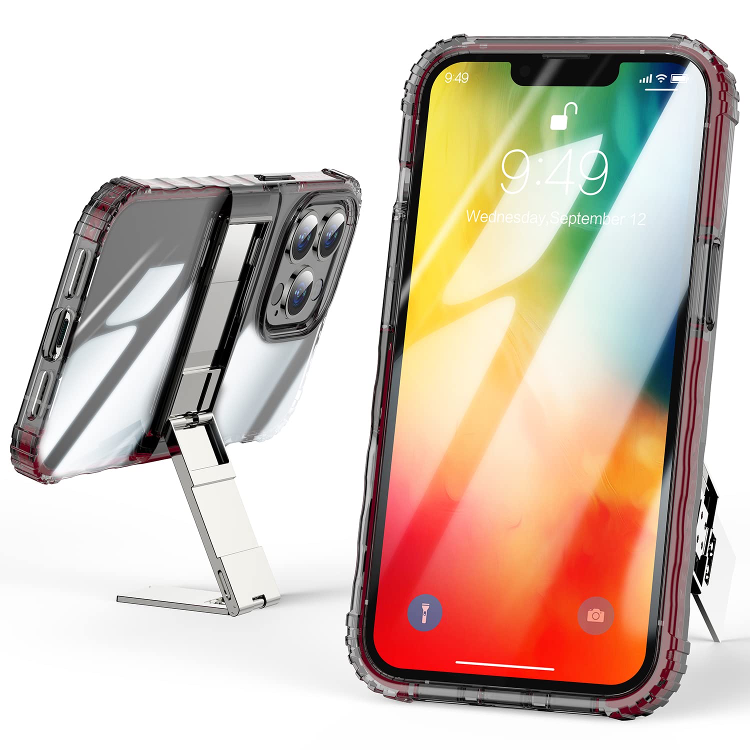 LONGCIYU Kickstand Case Compatible with iPhone 13 Pro Max Case 6.7",[6+ Stand Model] [Exceed Military Grade Drop Protection],Premium Adjustable Stainless Kickstand(Clear Black&red)