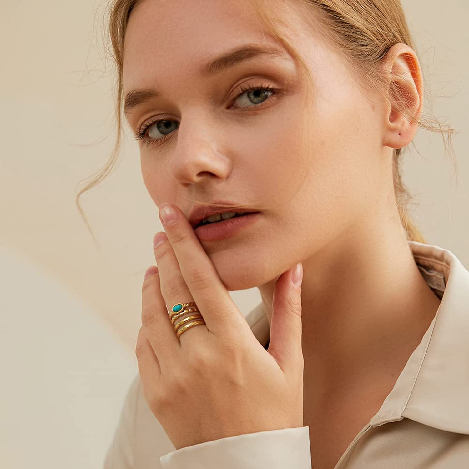 MAHSOD Chunky Gold Rings for Women 14K Gold Filled Twisted Turquoise Ring Stacking Open Statement Thick Adjustable Ring Jewelry Gift