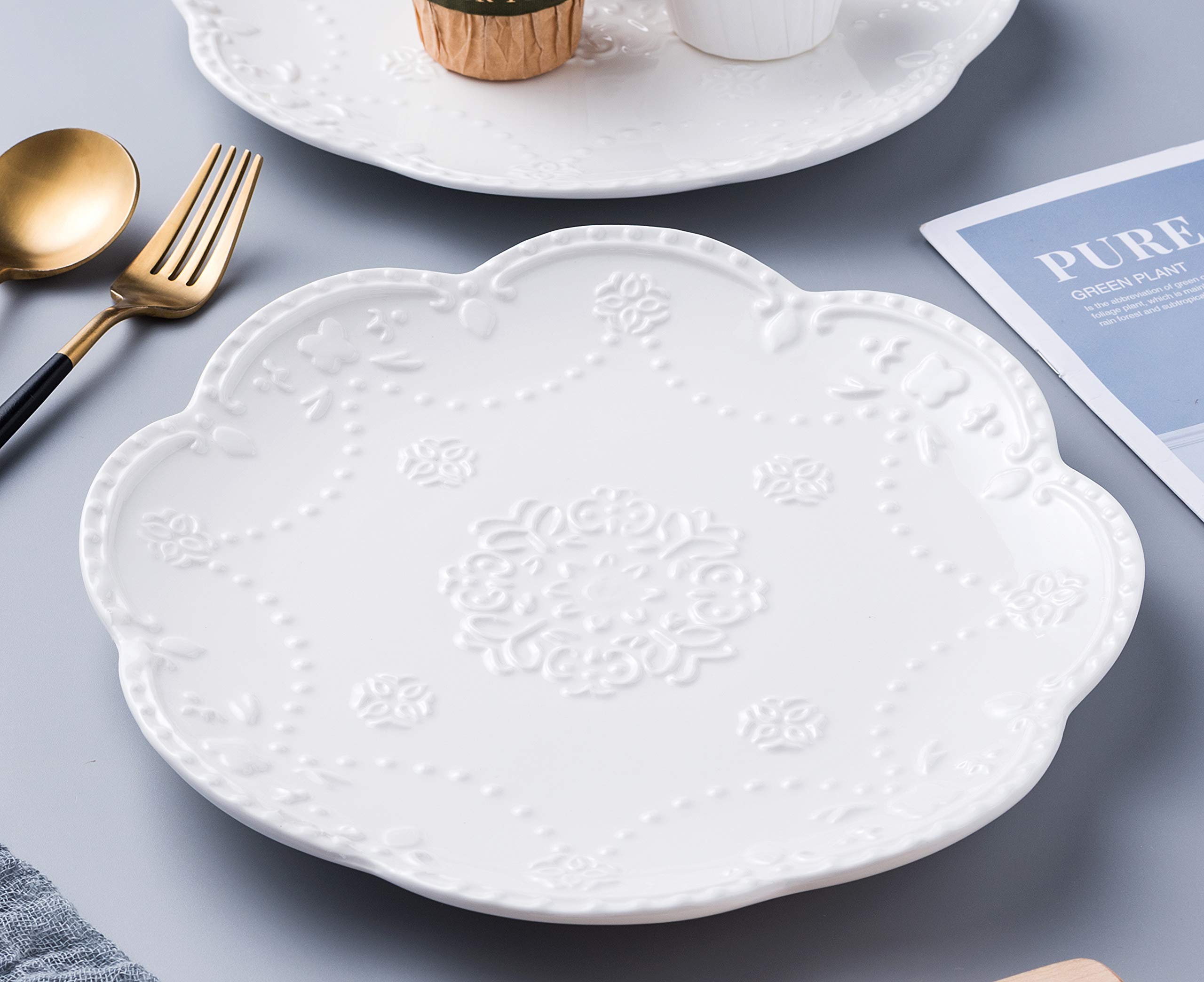 Jusalpha Embossed Lace Porcelain Plate-Dinner Plate Set, Pasta/Salad/Dessert Plate, Tableware Set for Restaurant Family Party Kitchen Use -4 Pieces, FD-PL15 (10 Inche, White)