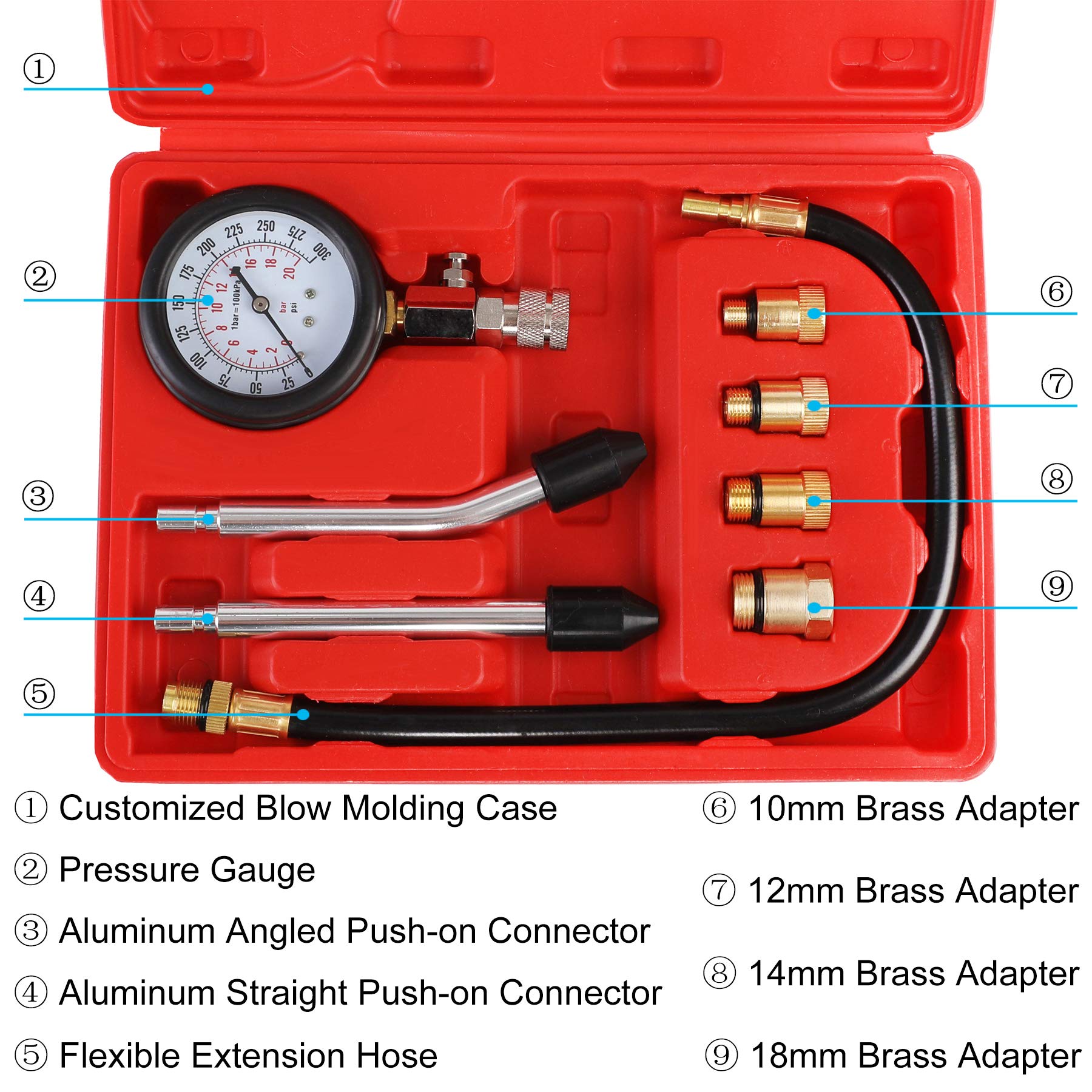 JIFETOR Compression Tester Kit, Small Engine Cylinder Test Pressure Gauge Tool Set for Testing Motorcycle Car Automobile Outboard Motor Chainsaw Snowmobile Auto Gasoline Petrol Gas Engine, 300PSI