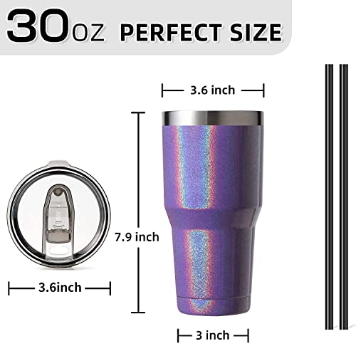 Zibtes 30oz Insulated Tumbler With Lid and Straws, Stainless Steel Double Vacuum Coffee Tumbler Cup, Powder Coated Travel Mug for Home, Office, Travel, Party (Glitter Purple 1 pack)