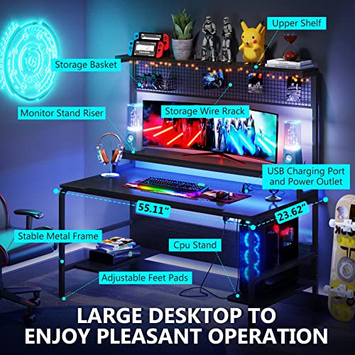 Tribesigns 55 Inch Gaming Desk with 2-Outlet & 2 USB Ports, Large Computer Desk with Monitor Stand, Ergonomic Gamer Table with Metal Storage Basket, Black