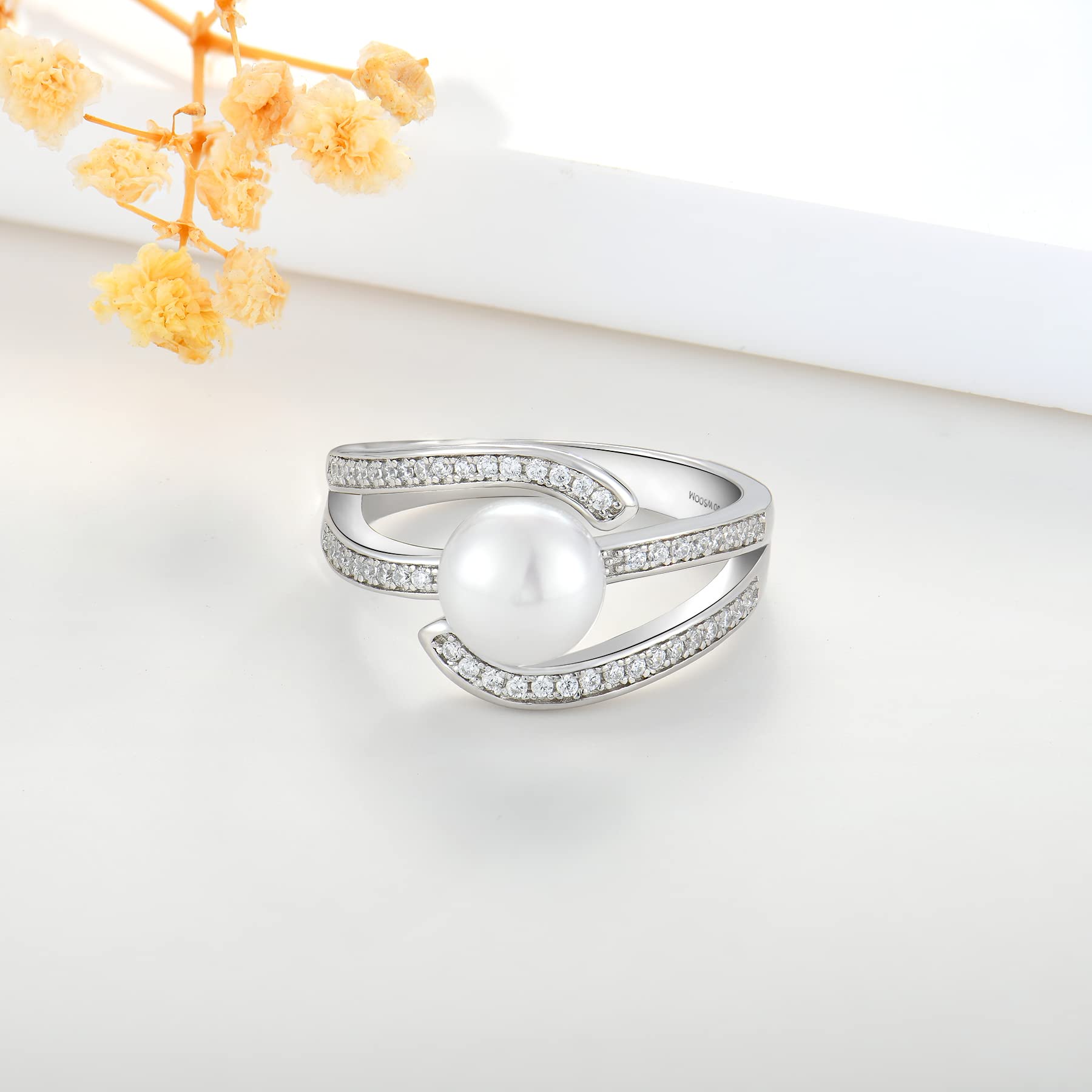 JO WISDOM Pearl Ring,925 Sterling Silver Cubic Zirconia Women's Rings with 8mm White Freshwater Cultured Pearl Ring size 8