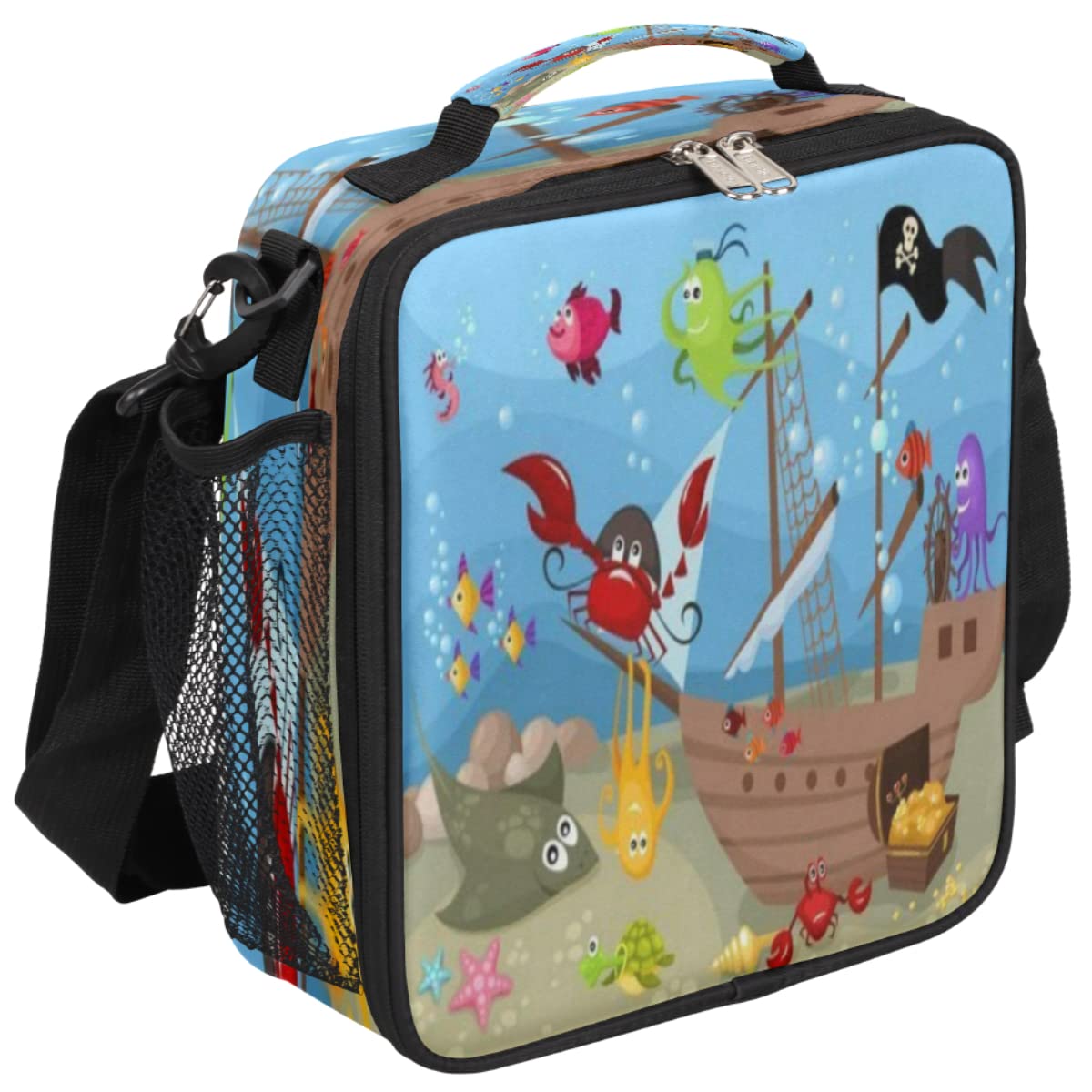 Insulated Lunch Bag for Women Men Pirate Ship Crab Lunch Box with Adjustable Shoulder Strap & Side Pocket Meal Prep Cooler Bag for School Work Picnic Beach Fishing
