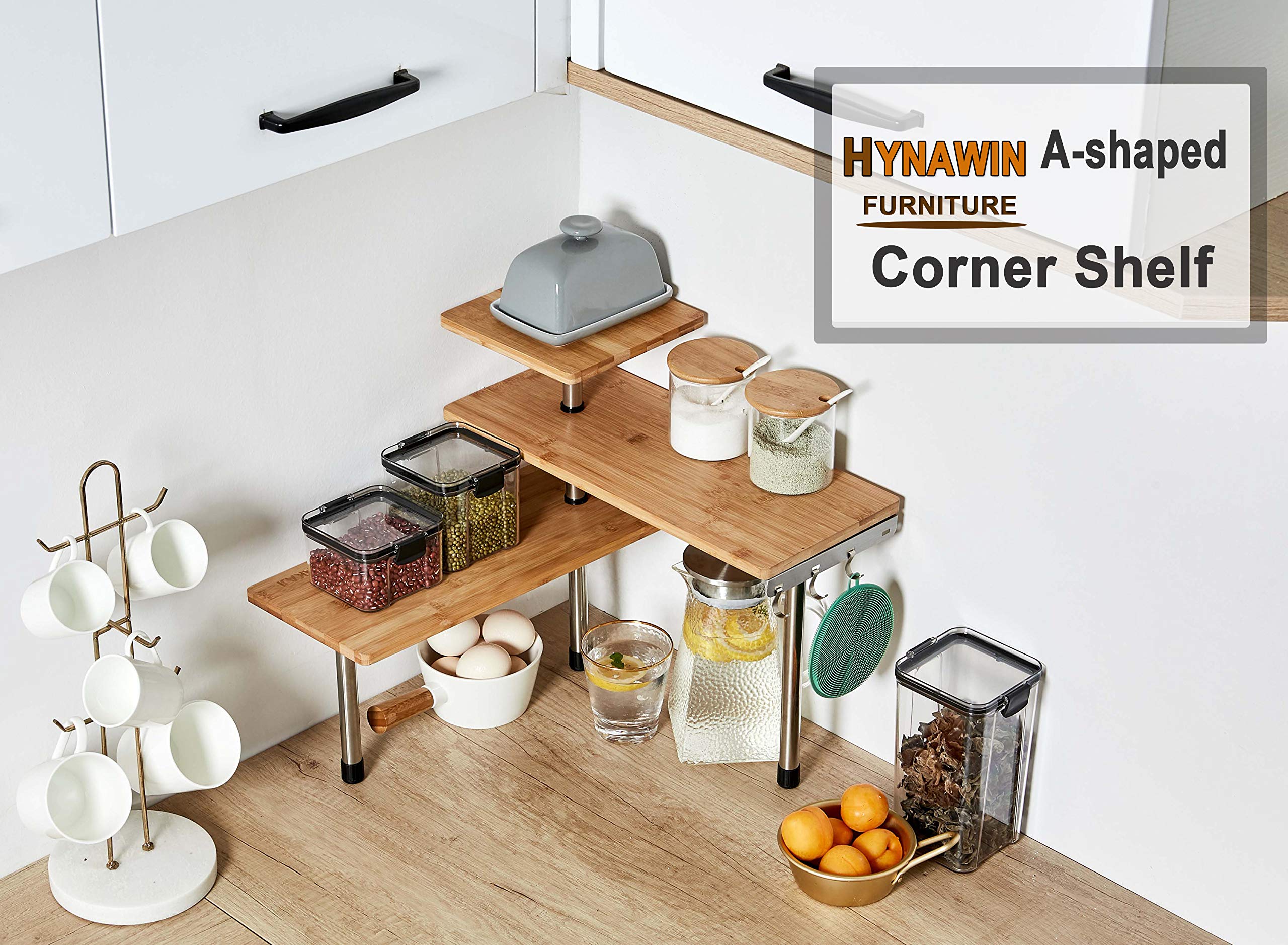 HYNAWIN 3 Tier Corner Shelf Bamboo & Metal Storage Spice Rack-Desk Bookshelf Display Shelves Space Saving Organizer -Adjustable Rack for Kitchen,Bedroom, Office-Creative Home Décor with Hooks