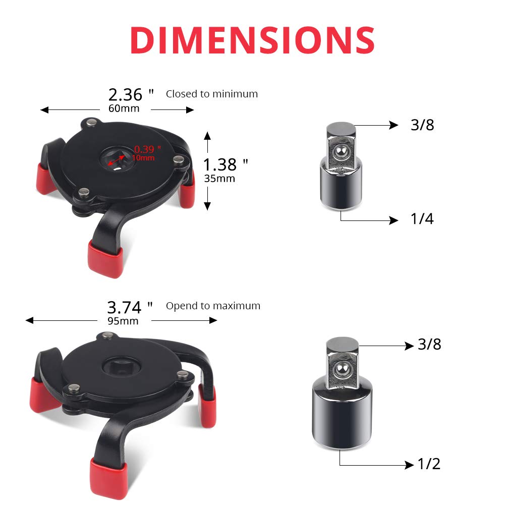 JDMON Universal Adjustable 3 Jaw Oil Filter Wrench Remover Tool for Removing Oil filters Range 2.4 inch from 3.8 inch in Diameter Include 1/2β-3/8β and 1/4β-3/8β Drive Adapter