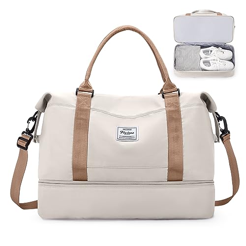 Weekender Bags for Women, Personal Item Travel Bag with Shoes Compartment, Overnight Travel Duffel Bag with Wet Pocket & Trolley Sleeve,Gym Bag,Beige & Brown