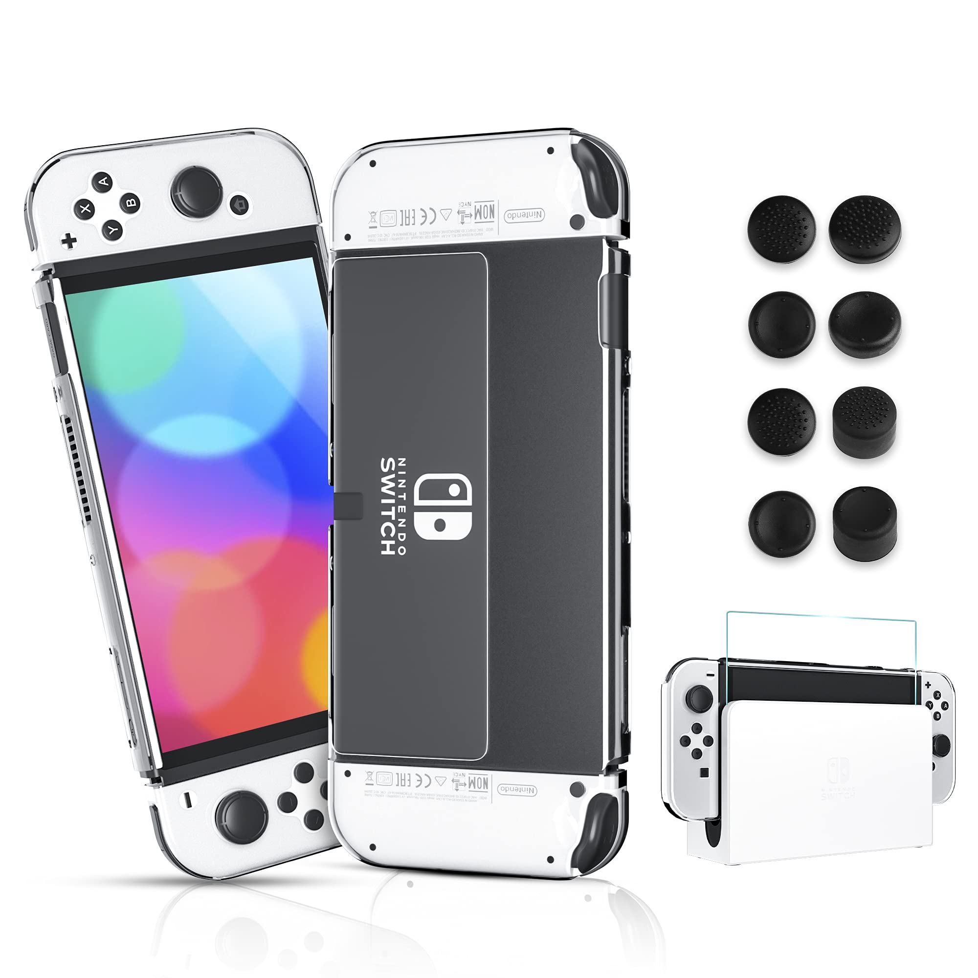 LASTYAL Hard Protective Clear Case Cover Compatible with Nintendo Switch OLED, Soft TPU Crystal Shell for Switch Joycon Controller with Screen Protector and 8 Thumb Grip Caps