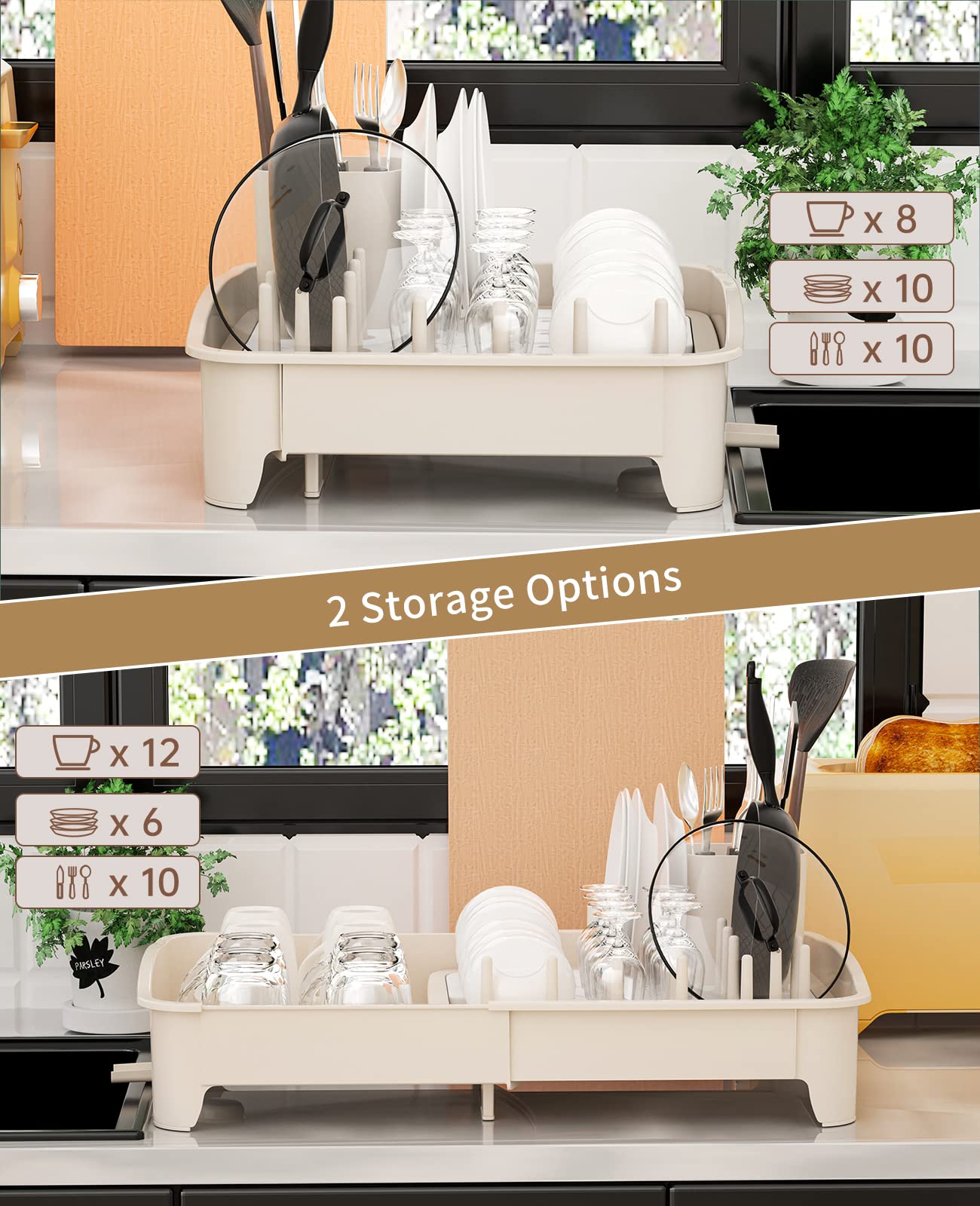 Outlet Dish Drying Rack - Large Adjustable Dish Rack Expandable Plastic Dish Drainer for Kitchen Counter with Utensil Holders, Detachable Space Saving Kitchen Organizer for Bowls Plates (Apricot)