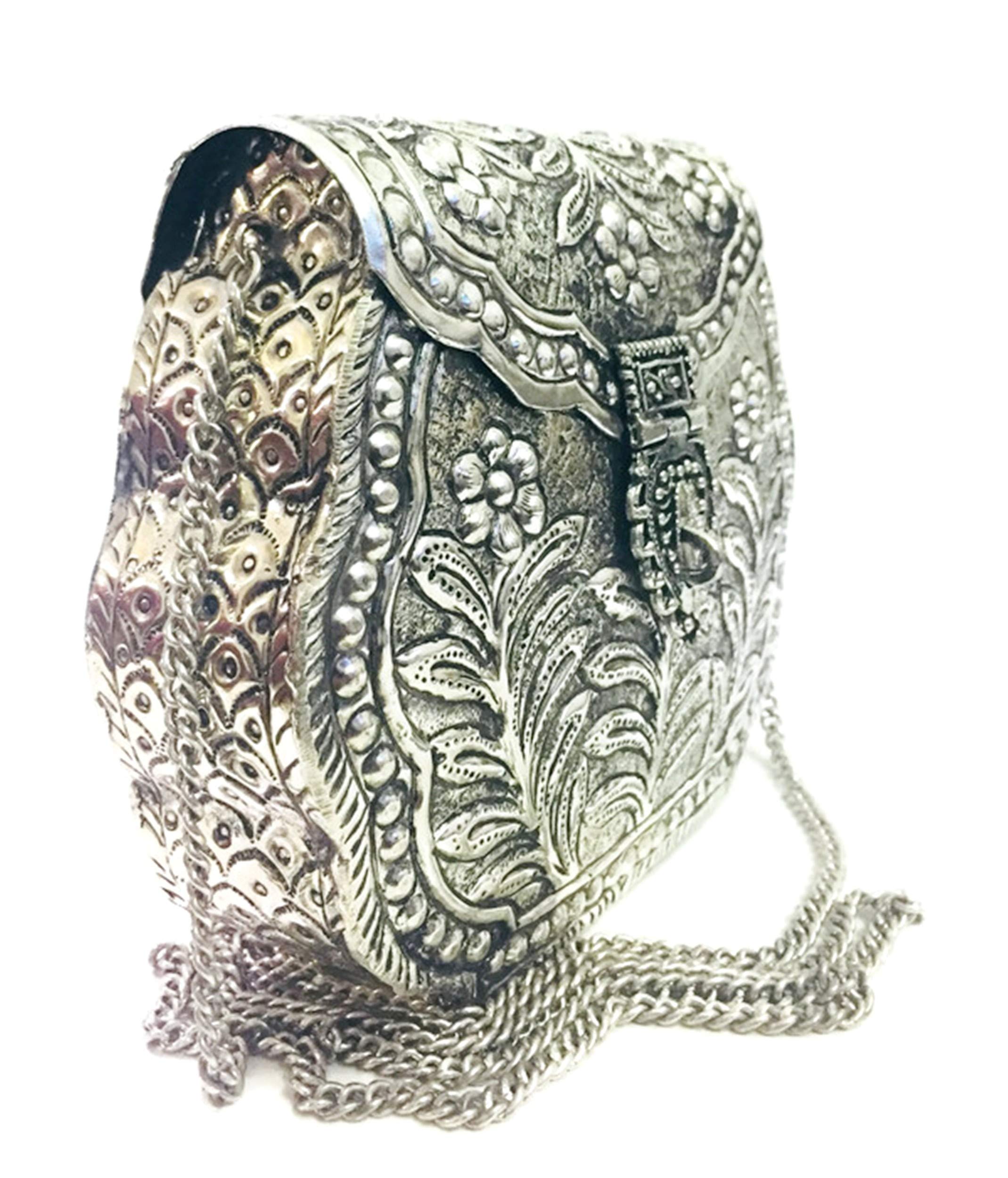 Indian Vintage Brass silver clutch Purse antique Ethnic Handmade Women metal white wallet