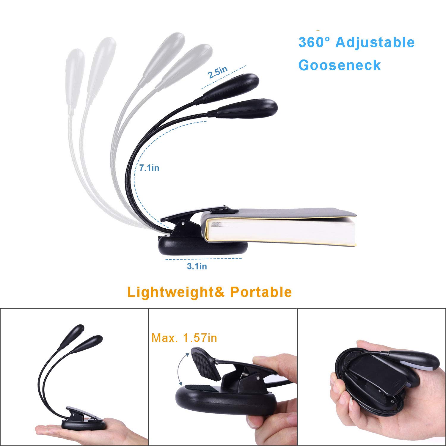 iGoober Rechargeable Music Stand Light, Clip on Reading Light, 8 LED Book Lamp, 3-Level Brightness for Eye Protection, Perfect for Piano, Orchestra, Bookworms, Craft (White & Warm, Dual Arm)