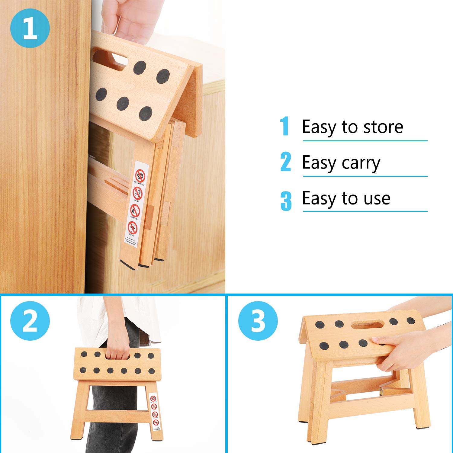 Jiodux Folding Wood Step Stool Safer, Stronger, Greener for Adults or Kids,Holds up to 300Lbs - 8.8 inch Footstool for Classroom Study Room and Office-Patented Product