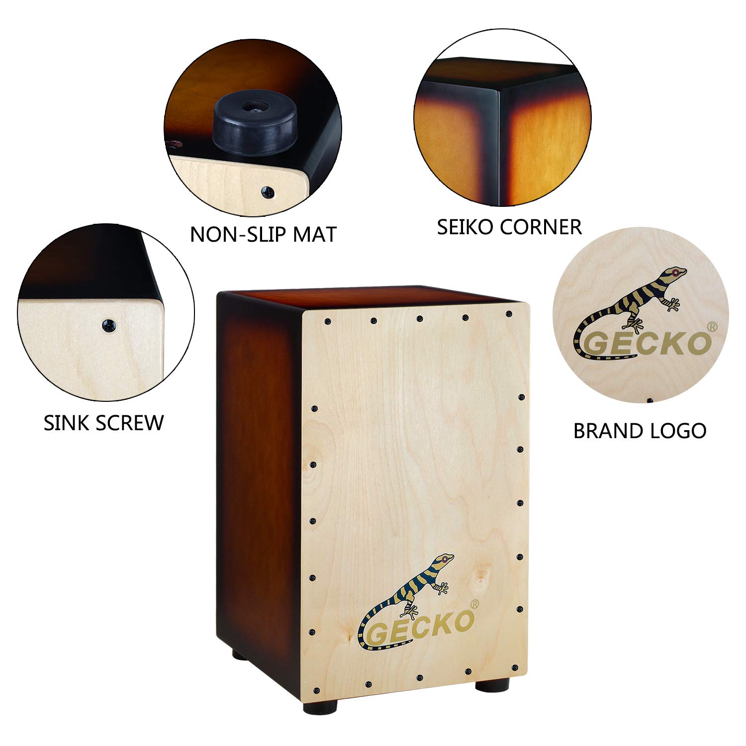 Latest GECKO Cajon BOX Drum-Wooden Percussion Box, with Internal Adjustable Guitar Strings,2-YEAR WARRANTY