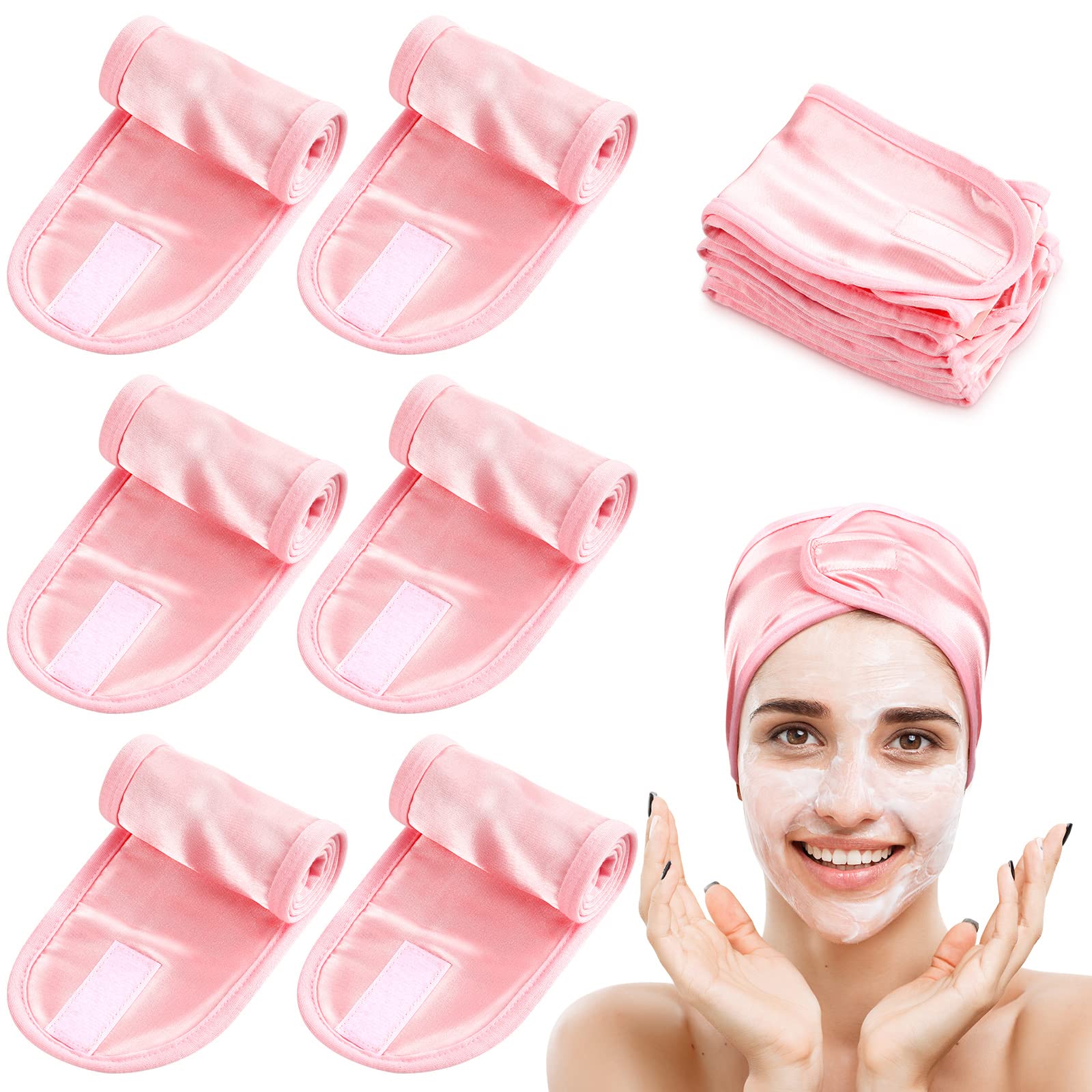 Juinte 6 Pcs Satin Headband Facial Silk Hair Wraps for Women Washing Face Adjustable Spa Headband for Sleeping Headband (Pink)
