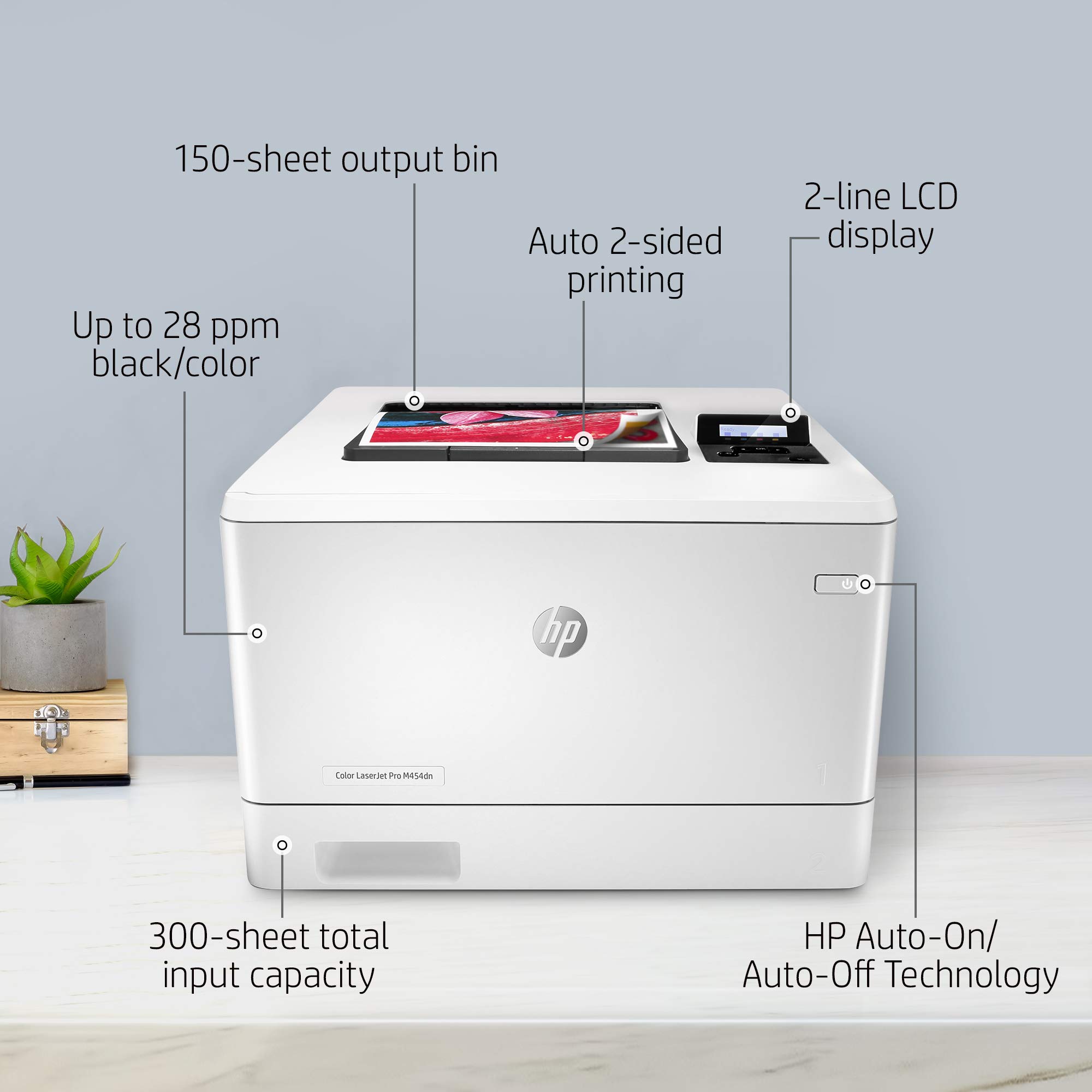 HP Color Laserjet Pro M454dn Wired Ethernet Laser Printer, White - Print only - 2-line Backlit LCD Display, 28 ppm, 600 x 600 dpi, 8.5 x 14, Auto Duplex Printing, Tillsiy Printer Cable