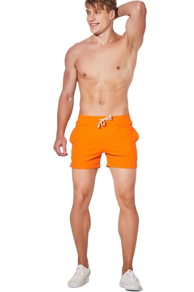 JackieLove Men's & Women's 3" Sweat Gym Running Workout Athletic Short Training Lounge Cotton Shorts Bottoms Orange