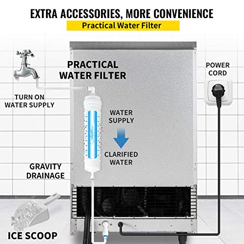 VEVOR Commercial Ice Maker Machine, 110-120LBS/24H with 33LBS Bin Stainless Steel Automatic Operation Commercial Ice Machine for Home Bar, Include Water Filter, Scoop, Connection Hose