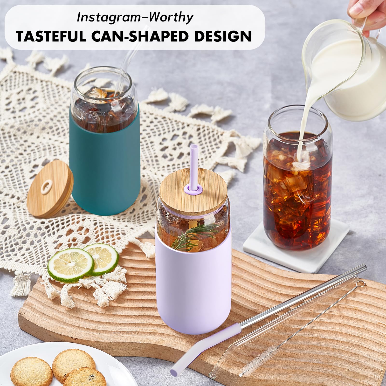 WillCome 20oz Glass Cups with Lids and 3 Types of Straws,Beer Can Shaped Glass Tumbler with Protective Sleeve,Cute Iced Glass Coffee Cup,Drinking Glasses for Smoothie,Beer,Gift,2Pack Green Purple