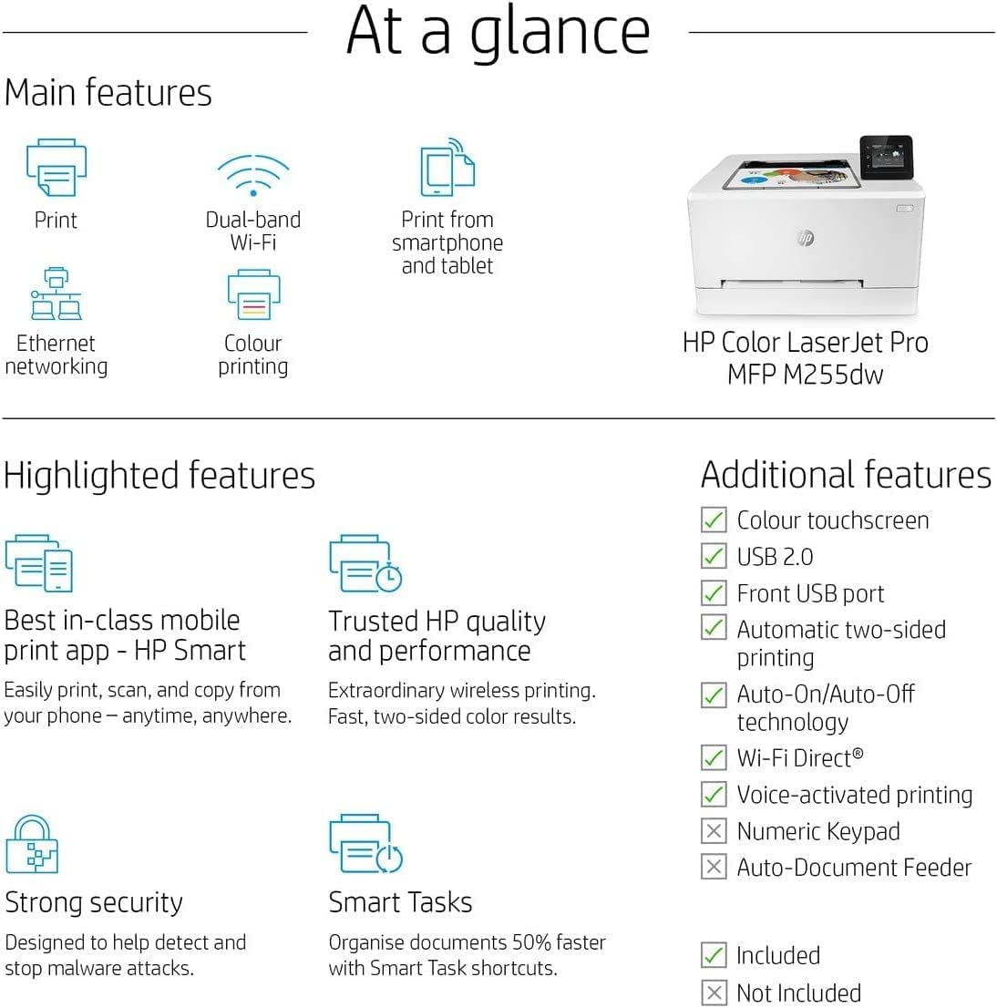 HP Color Laserjet Pro M255dw Wireless Single-Function Laser Printer - Print only - 2.7" Color Touchscreen, 22 ppm, 600 x 600 dpi, 8.5 x 14, Auto 2-Sided Printing, Ethernet, USB, Cbmou Printer_Cable