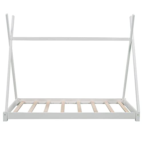 Twin House Bed, Floor Bed, Tent Bed, Wood Platform Bed Frame with Roof for Toddlers Kids Boys Girls Teens, No Box Spring Needed – White