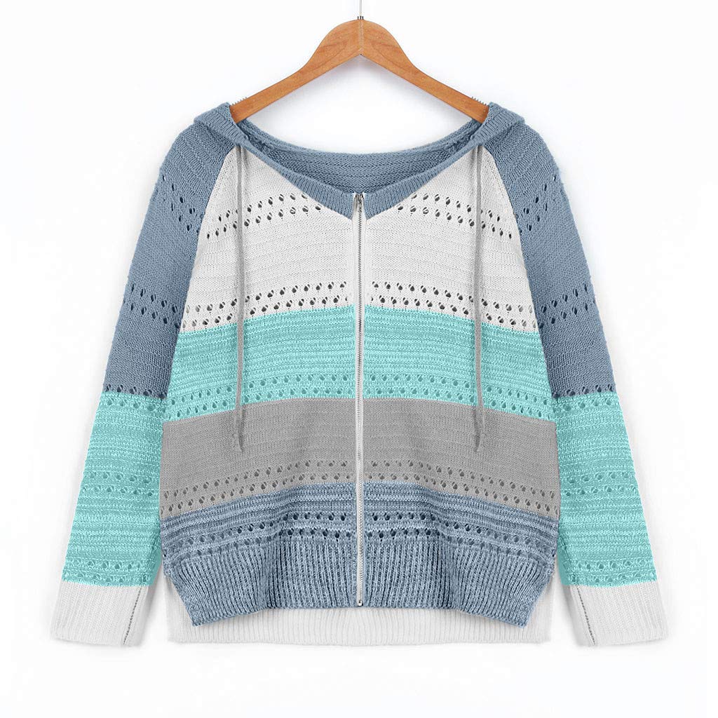 LATINDAY Women's Color Block Hoodie Striped Sweater Lightweight V Neck Knit Pullover Sweatshirts Sky Blue