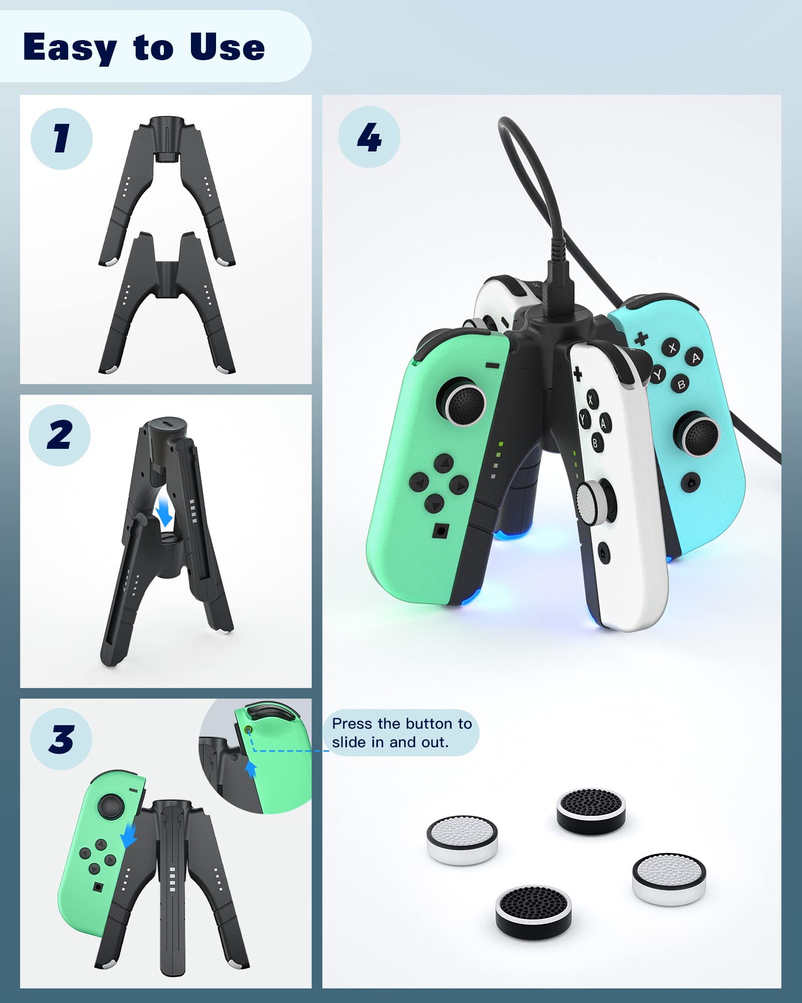 Narati Joycon Charging Grip for Nintendo Switch OLED, 4 in 1 Controller Charging Dock Station, 2 Portable V-Shaped Charger Grip with LED and 3rd Party JoyPad with Type C Cable & 4 Thumb Grip Caps