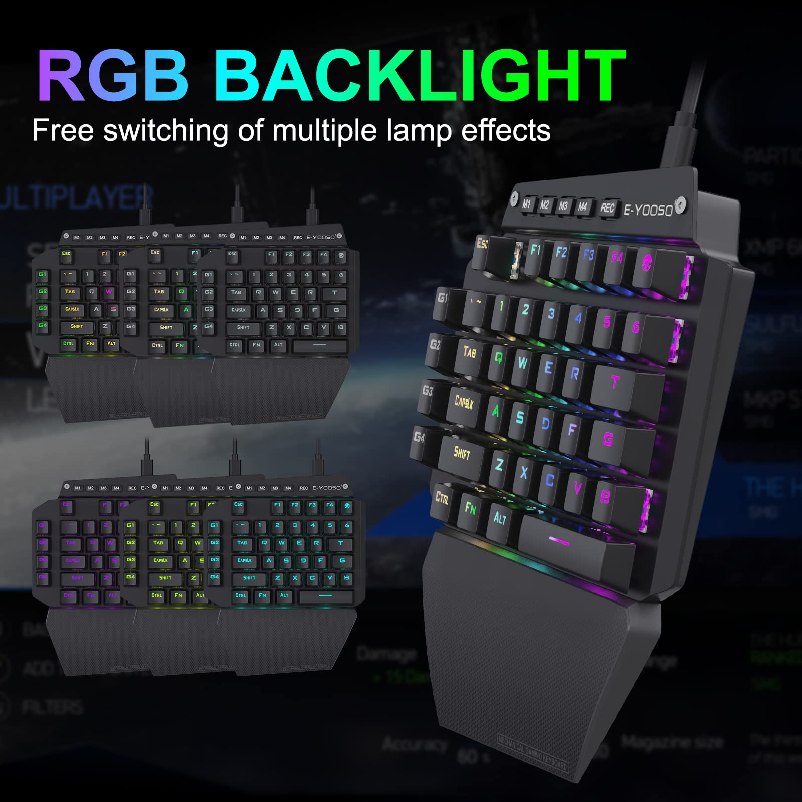 K-700 One Handed Mechanical Gaming Keyboard, RGB Led Backlit, Red Switches, 41 Macro Keys, Detachable Wrist Rest and Type C Cable, Hot Swappable 44 Key