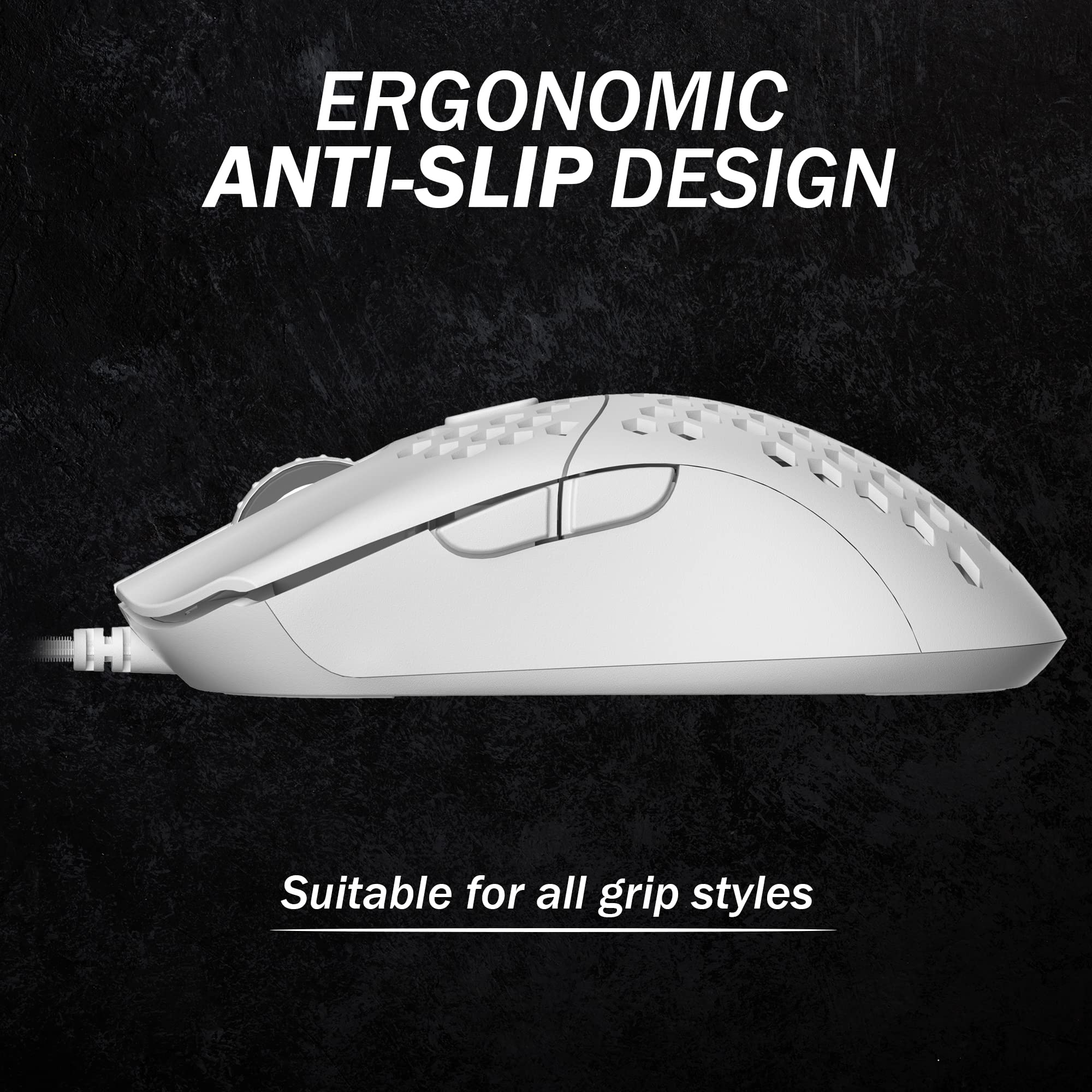 HK Gaming Sirius M Ultra Lightweight Honeycomb Shell Gaming Mouse | 54 Grams | 12000 cpi | USB Wired | 6 programmable Buttons | On-Board Memory | Anti Slip Grips | Sirius-M 12000cpi White