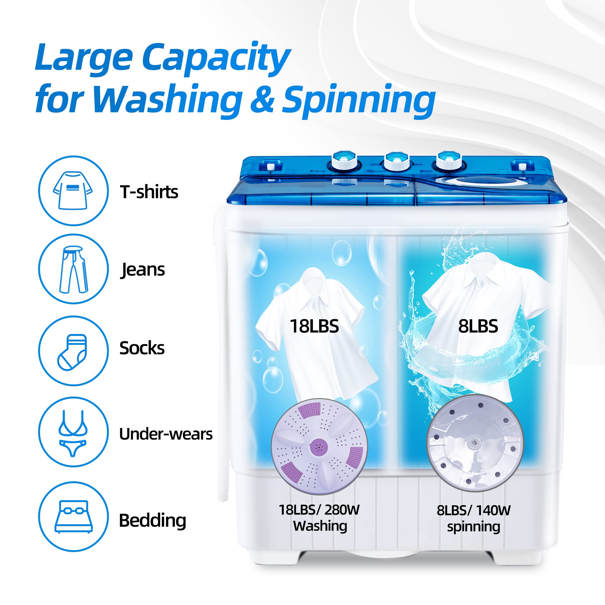 Kumcahom Portable Washer 26Lbs Capacity Washing Machine and Dryer Combo Twin Tub Laundry Washer(18Lbs) & Spinner(8Lbs) with Built-in Gravity Drain Pump,for Apartment,Dorms,RV Camping (BLUE+WHITE)