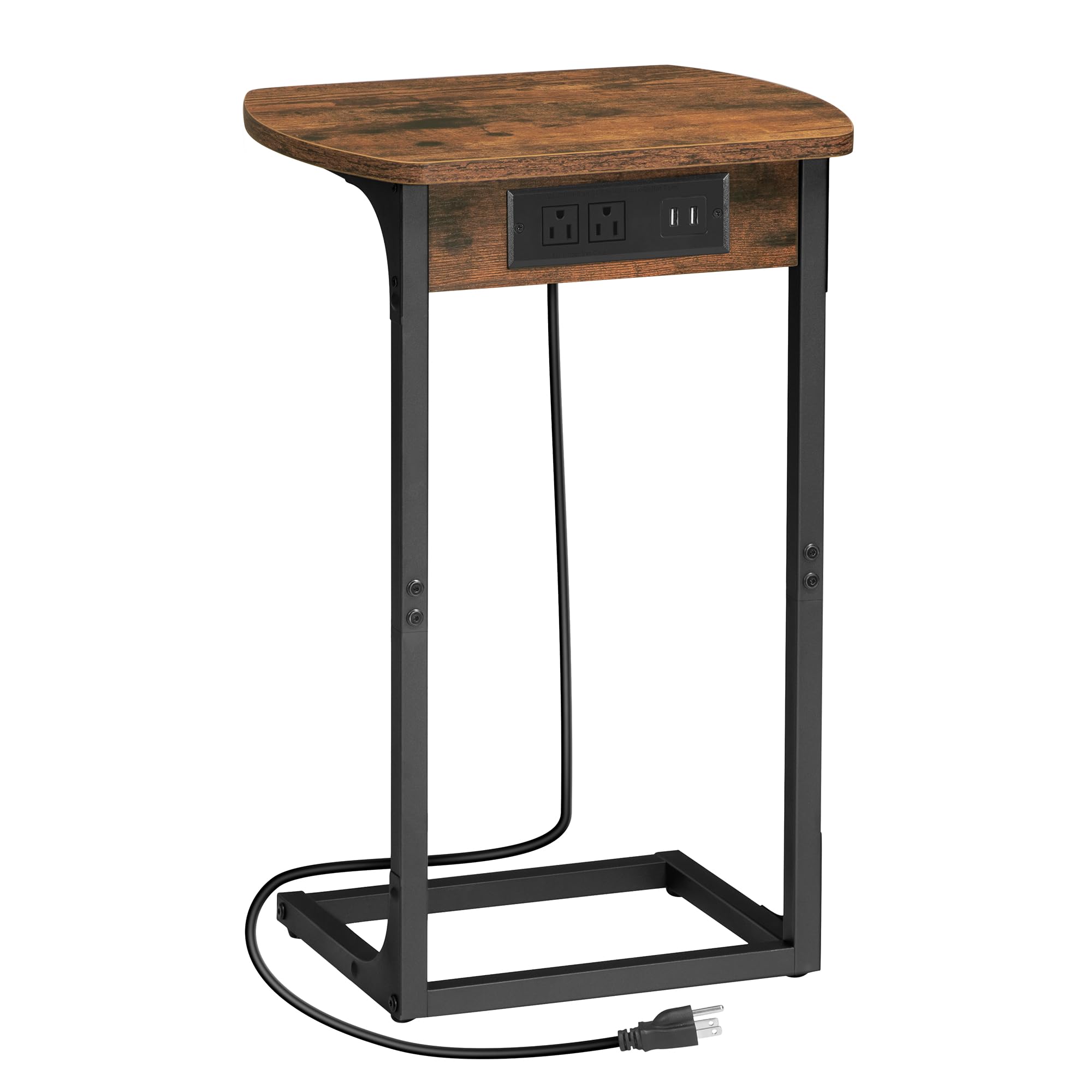 Hzuaneri C Shaped End Table with Charging Station, Bed Side Table with USB Port & Outlet, Couch Table, C Snack Table for Living Room, Bedroom, Rustic Brown and Black ET05101B