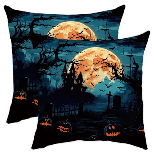 Halloween Moon Pillow Covers Pumpkin Ghost Moon Cute Washable Couch Decorative Pack of 2 Soft Linen Pillow Covers Living Room Bedroom Dorm,Blue,18x18 Inch