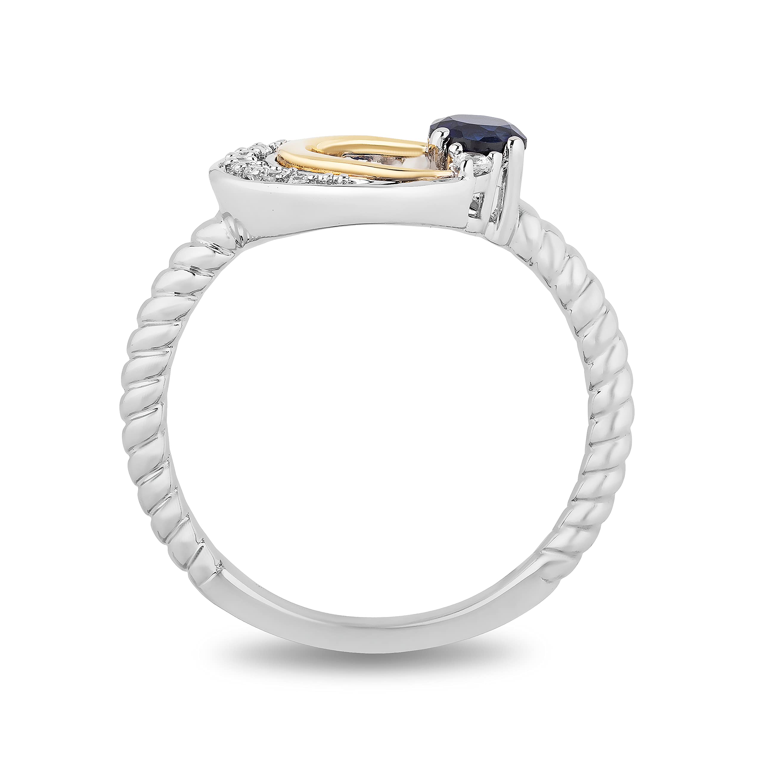 Jewelili Hallmark Fine Jewelry Sterling Silver and 14K Yellow Gold 4 MM Round Created Blue Sapphire and 1/10 Cttw Natural White Round Diamond Crescent Moon Ring, Size 8