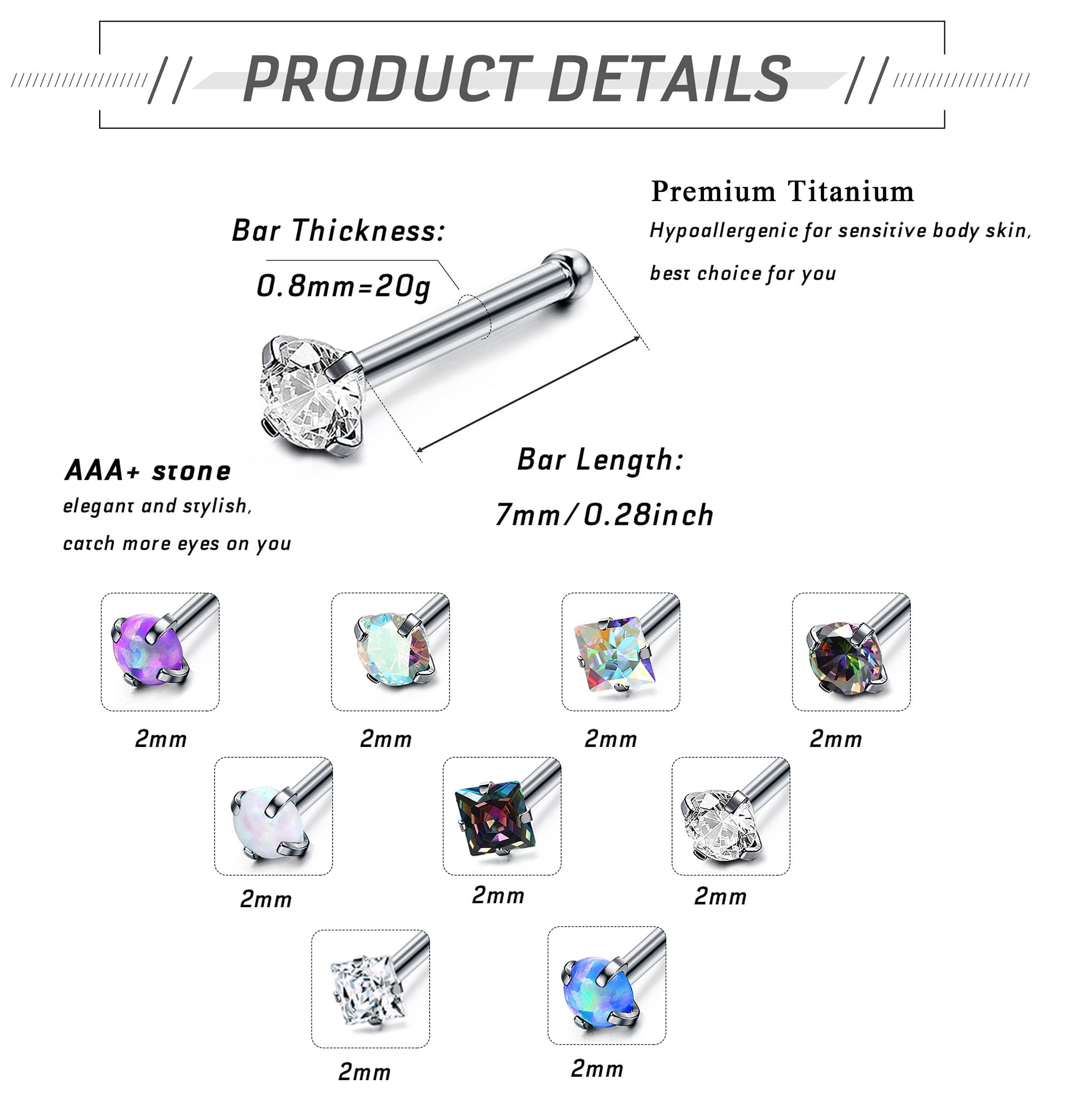 LOLIAS 20G Titanium Nose Ring Straight Nose Rings for Women Men 2mm Micro CZ Opal Nose Studs Nostrial Piercing Jewelry 9PCS