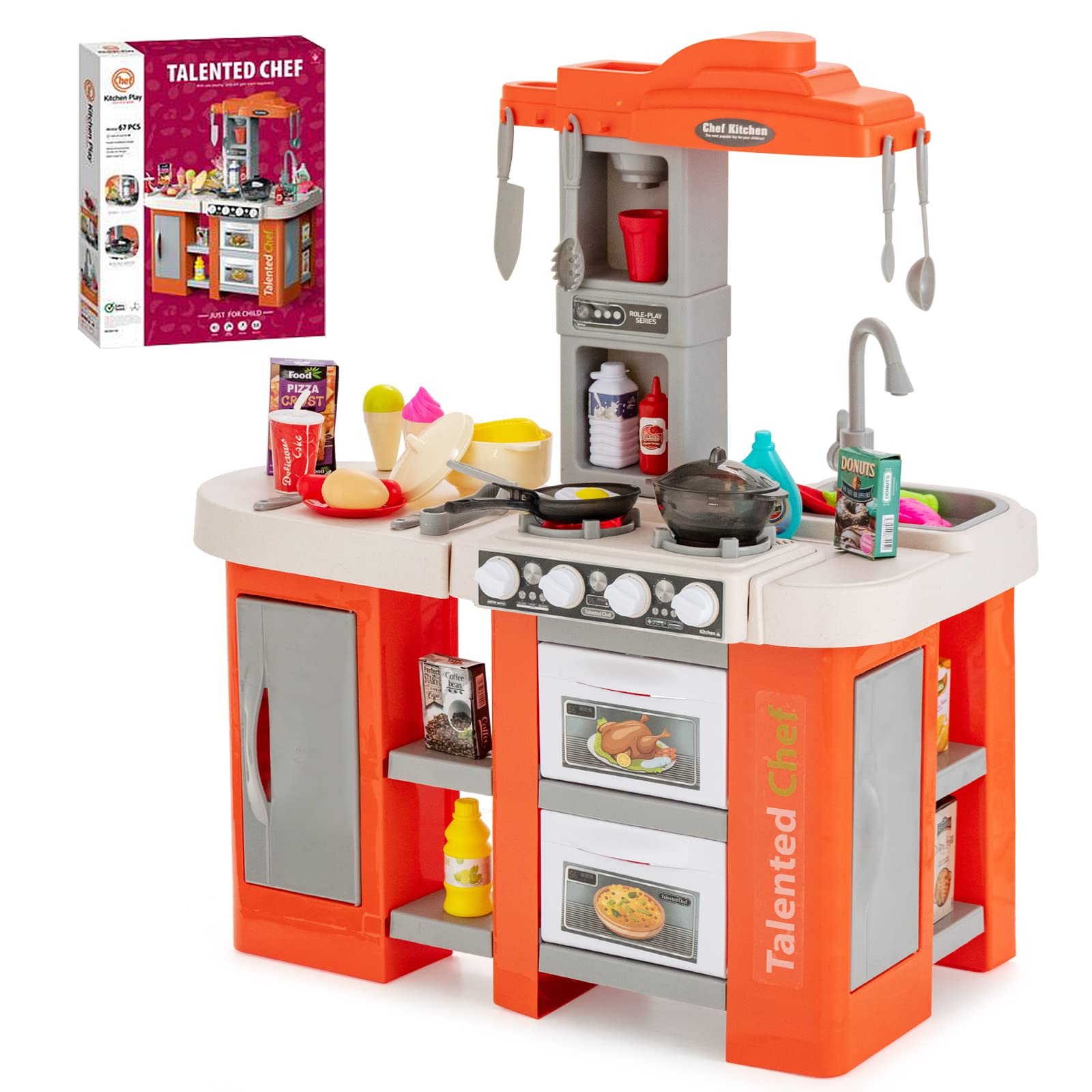 HONEY JOY Kids Kitchen Playset, Plastic Play Kitchen w/Realistic Lights & Sounds, Music, Running Water & Steam Function, 67 Pcs Cooking Accessories, Kitchen Set for Toddlers, Gift for Boys Girls