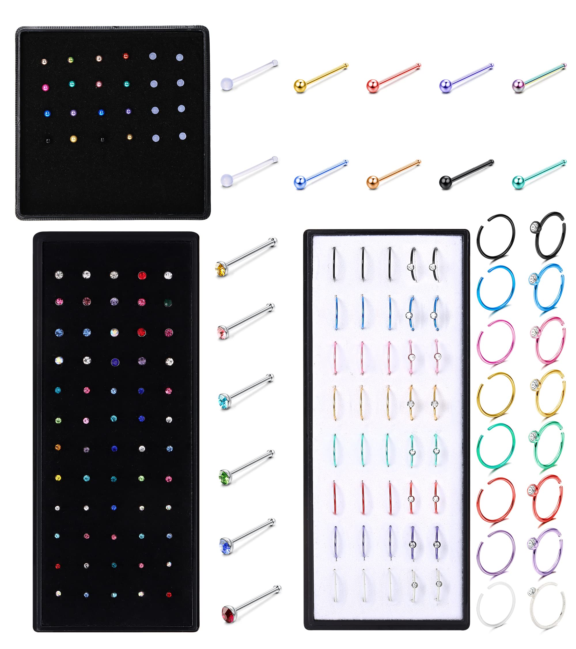 JOERICA 124Pcs Nose Rings Stud Stainless Steel Nose Studs Ring Hoop for Women Men Nose Piercing Jewelry Nose Rings Bone Studs Screw Piercing 20G 1.5mm 2mm 2.5mm