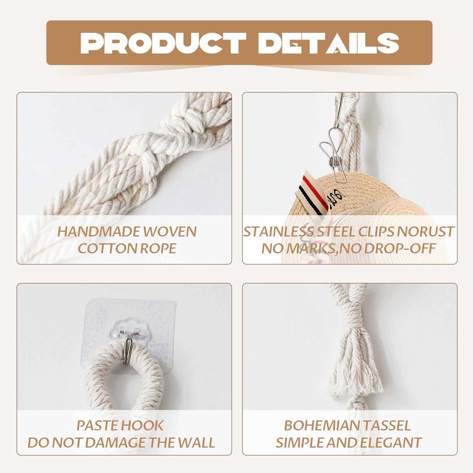 YedsIntu 2 Pcs Macrame Hat Hangers Hat Rack for Wall, Women Boho Hanging Hat Organizer Display Holder Storage for Wide Brimmed Fedora Sun Hats Cowboy