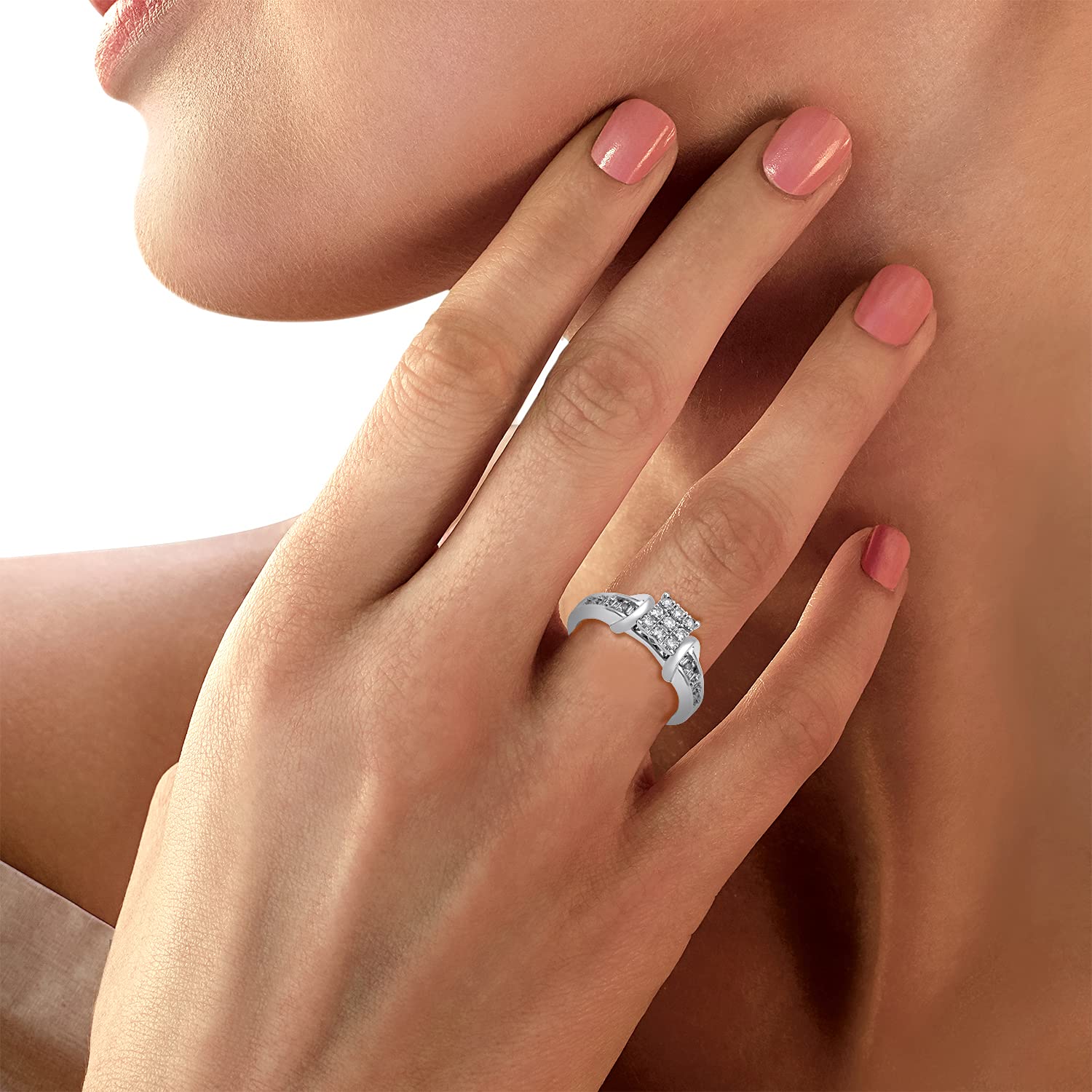 Jewelili Sterling Silver 1/6 Cttw Natural White Round and Baguette Cut Diamond Engagement Ring, Size 7