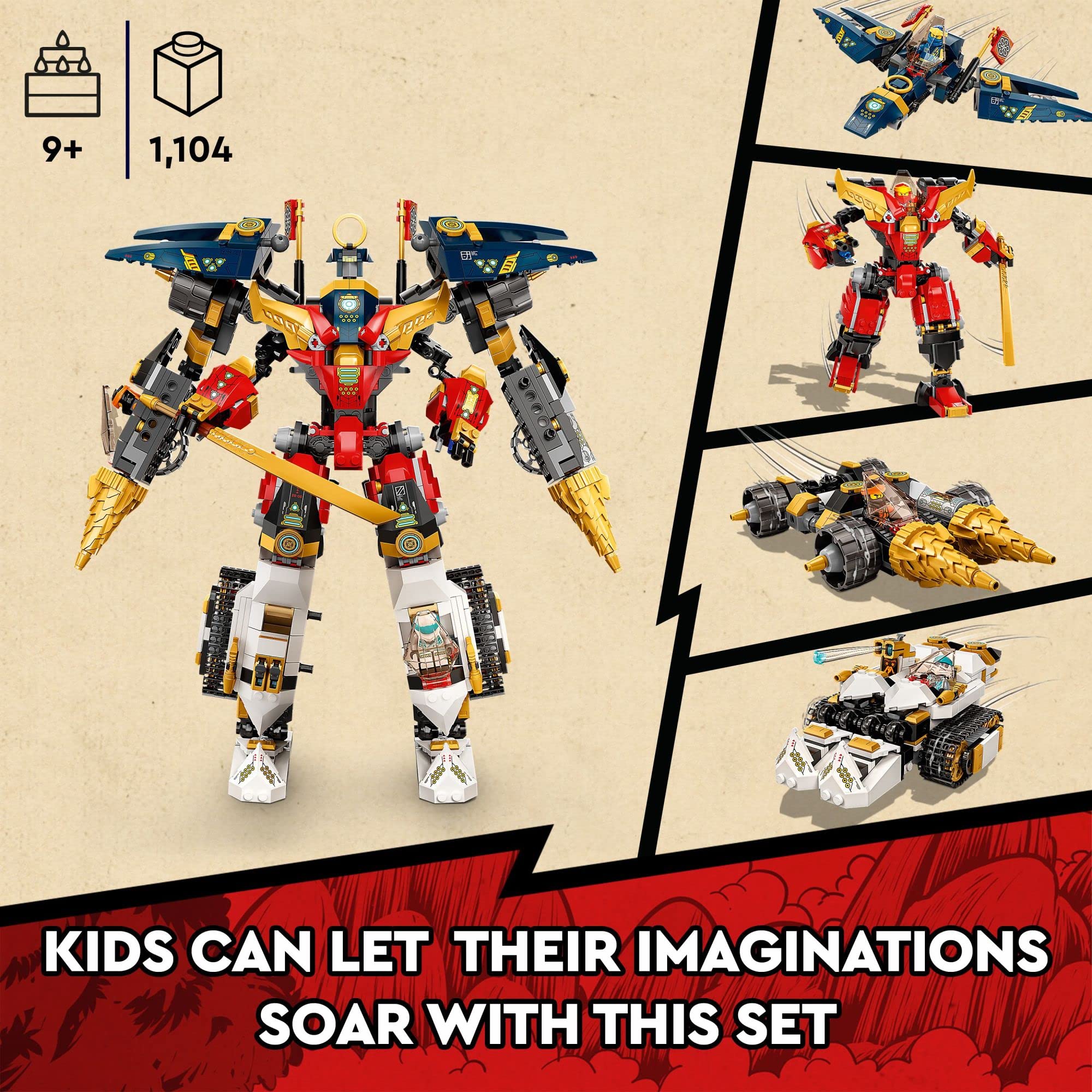 LEGO NINJAGO Ninja Ultra Combo Mech 4 in 1 Set 71765 with Toy Car, Jet Plane and Tank Toys Plus 7 Minifigures
