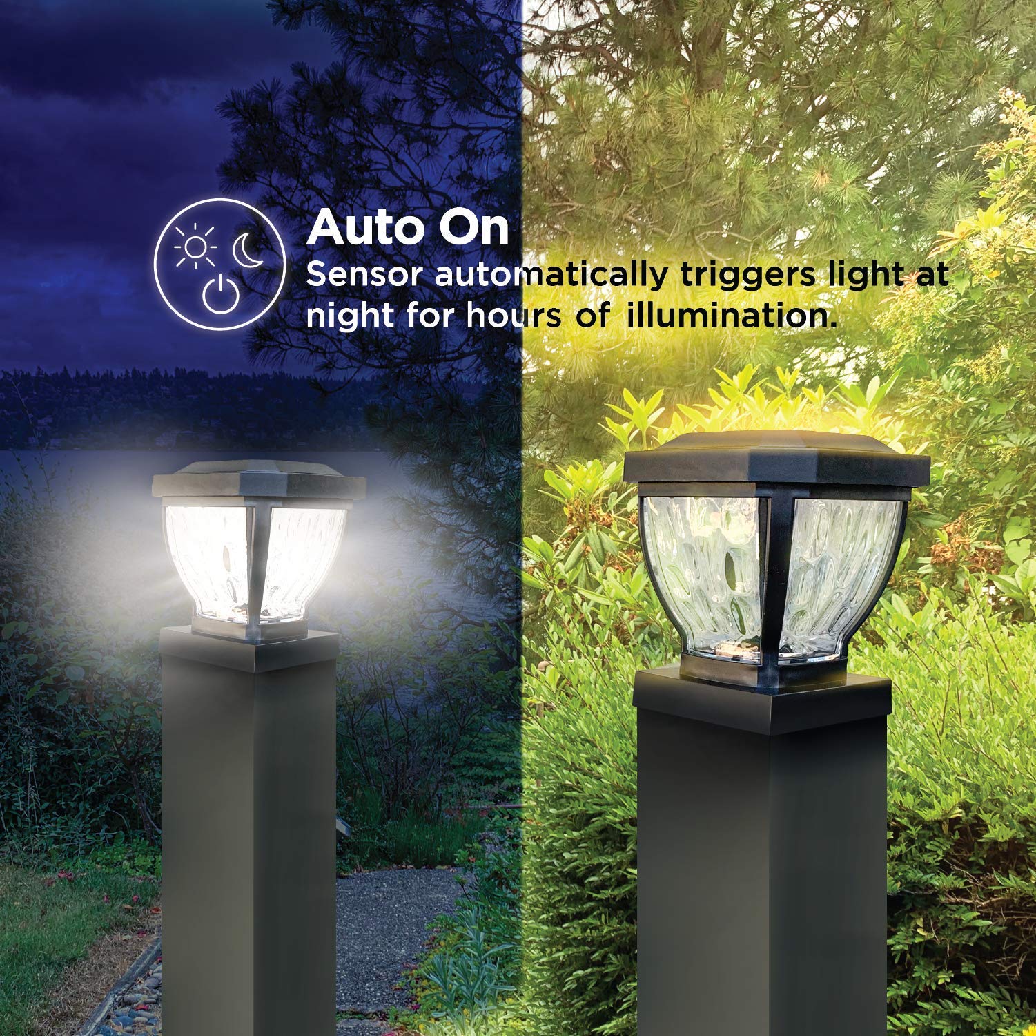 Home Zone Security Solar Post Cap Lights - Decorative Glass LED Outdoor Fits 3.5 x 3.5 in. Post Lights, Black (2-Pack)