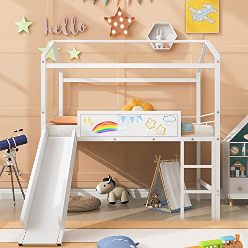 Twin Size House Loft Bed with Slide, Metal Bedframe w/Two-Sided writable Wooden Board,Kids Loft Bed Frame Built-in Ladder for Girls Boys Teens,No Need Spring Box,White