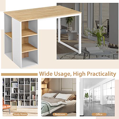 Tangkula Computer Desk with Storage Shelves, Home Office Desk with 5 Side Shelves & Metal Frame, Space Saving Laptop PC Desk, Writing Study Desk, Modern Vanity Desk for Bedroom (Natural)