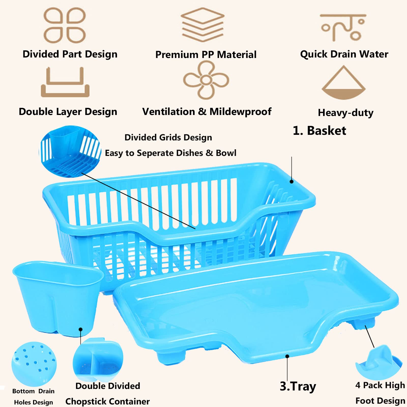 kuranai Dish Drying Sink Drainers Water Rack,Heavy Duty Sturdy Hard Plastic Sink Set with Removable Drainboard,Bowl Rack,Cup Rack,Cutlery Rack for Home Kitchen Sink Organizers(Front-Sink Drain Rack)