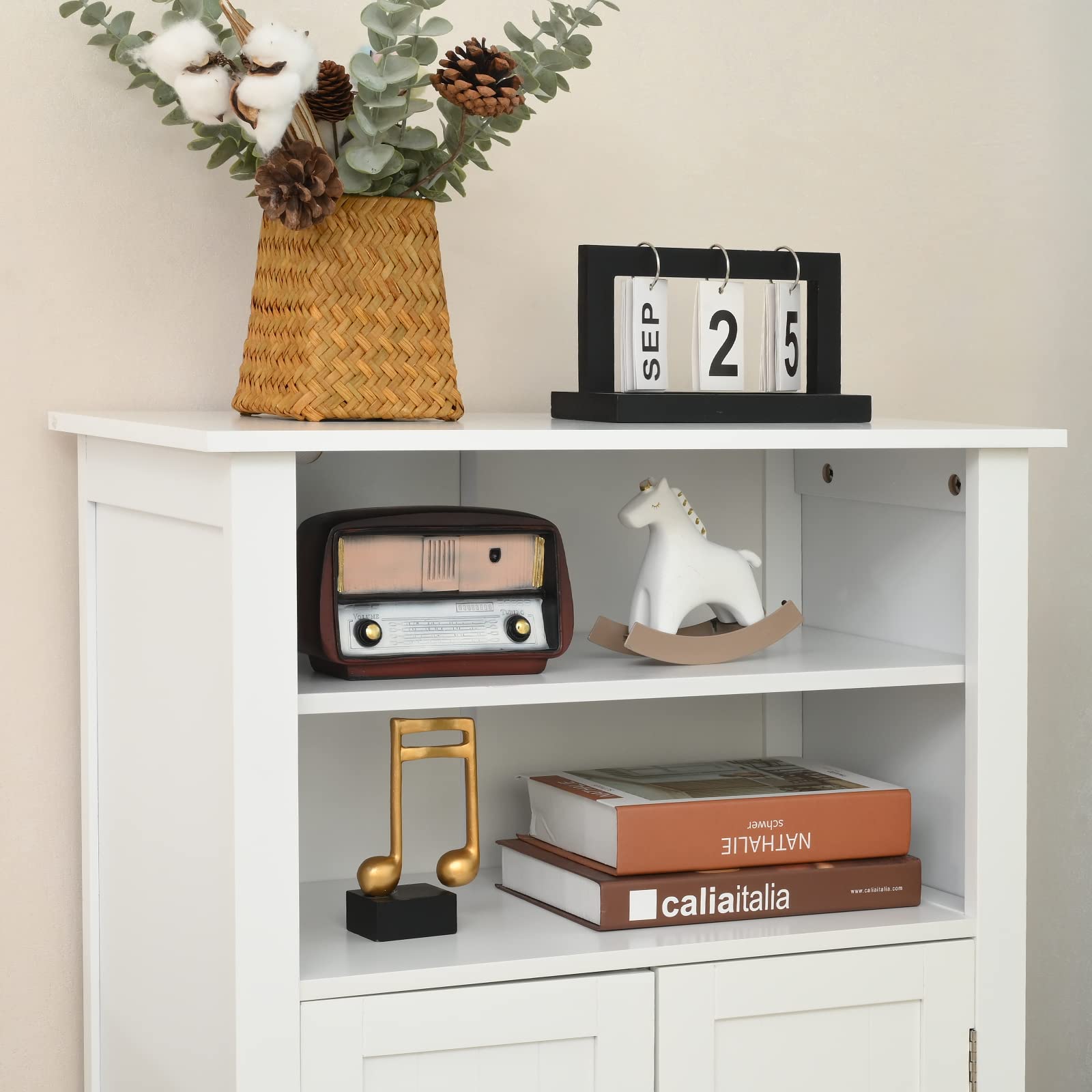 Iwell White Storage Cabinet with 2 Adjustable Shelves, 6 Adjustable Heights, Free Standing Wooden Organizer with 2 Doors for Bathroom