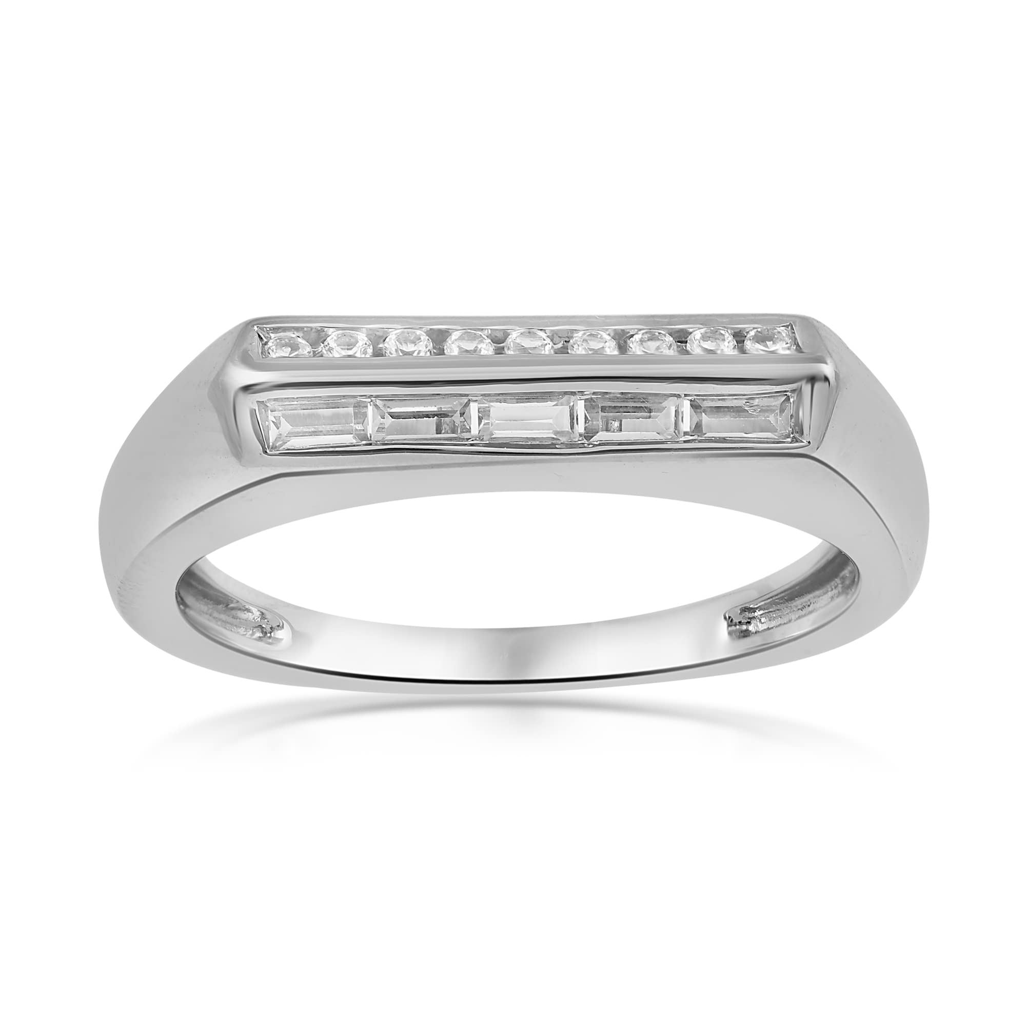 Jewelili Sterling Silver 2.5x1.25 MM Baguette and Round Created White Sapphire Engagement Ring, Size 7