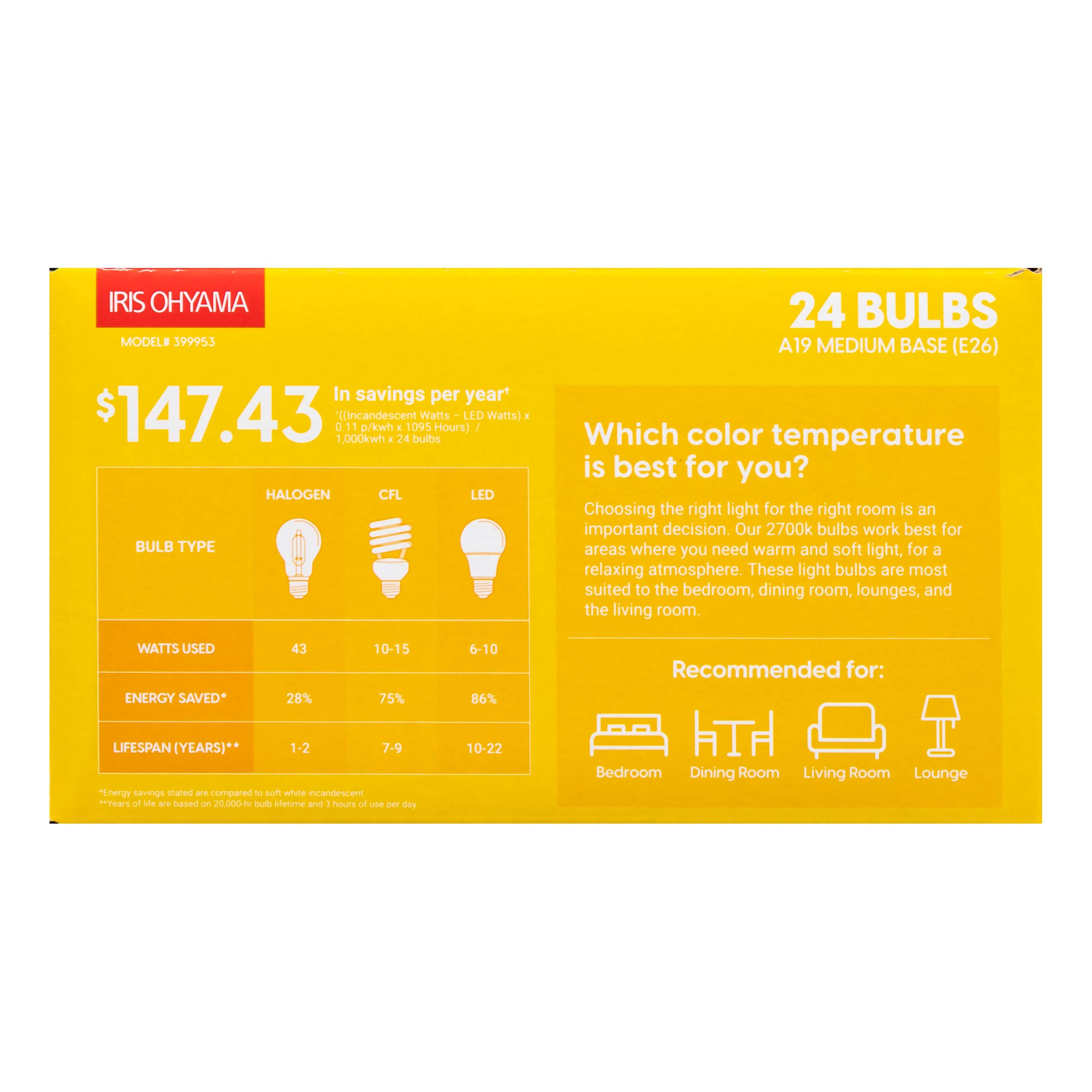 IRIS USA, Inc. OHYAMA Non-Dimmable A19 LED Light Bulb with 20,000 Hours/18 Years Life Span, 2700K 9W/60W Equivalent, Soft White, 24 Pack