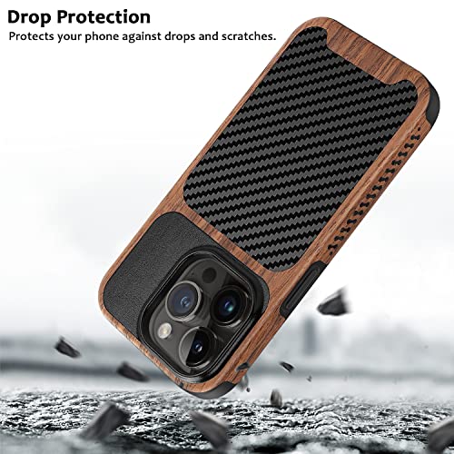 ZZDZZ Magnetic Case Compatible with iPhone 14 Pro Max Case [Compatible with MagSafe] Wood and Leather Carbon Fiber Design Hybrid Shockproof Phone Case (Black)