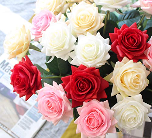 JOEJISN Artificial Flower Roses Fake Roses 12pcs Real Touch Artificial Roses Silk Artificial Roses Long Stem Bridal Wedding Bouquet for Home Garden Office Wedding Decorations (Red)