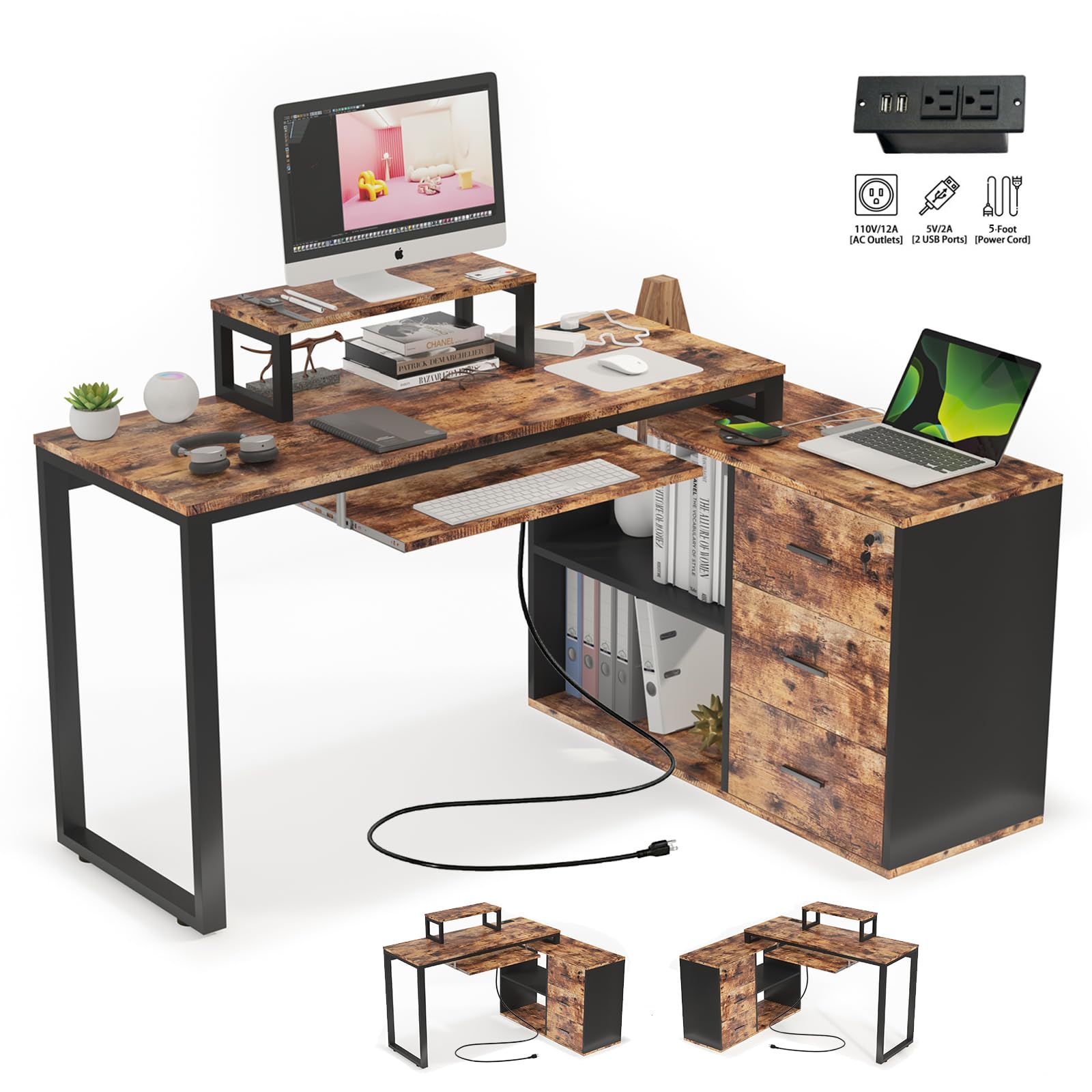 Hsozptry L Shaped Desk with Power Outlet & Drawers, Reversible Corner Computer Desk with Keyboard Tray, Monitor Stand & Storage Shelve, Large Home Office Desk, Rustic Brown